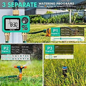 RESTMO Sprinkler Timer with Brass Inlet & Outlet, 2 Zone Programmable Water Timer for Garden Hose, 3 Separate Programs Hose Timer, Manual/Rain Delay/Automatic Watering for Drip Irrigation and Lawn