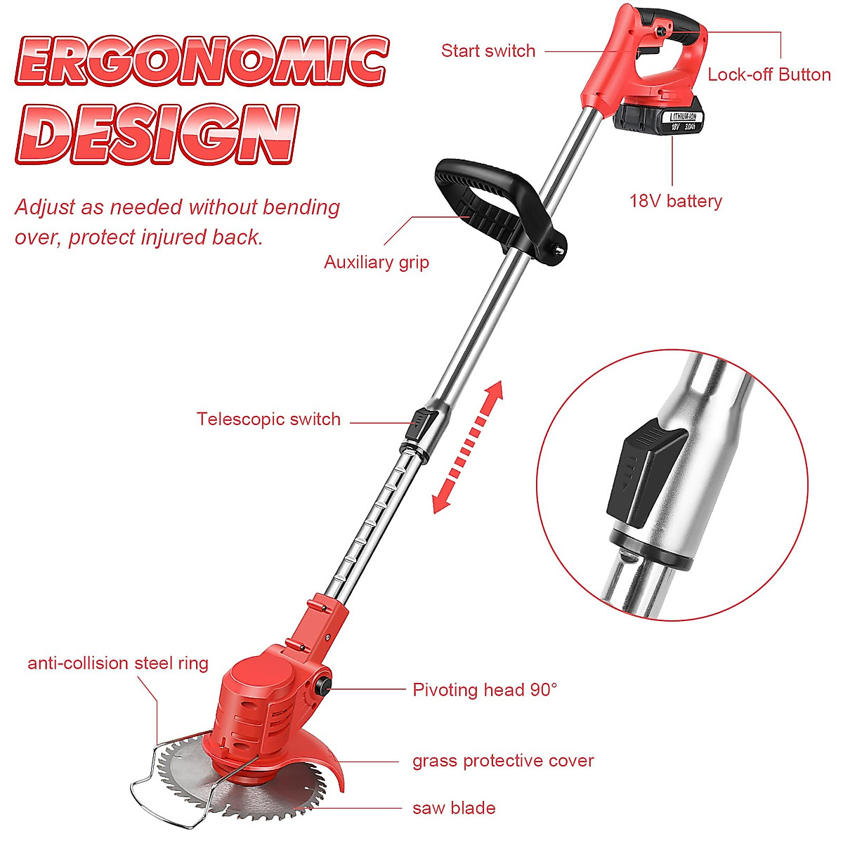 Tree.Nb Weed Trimmer with Battery Powered,3 in 1 Cordless Mower, 2 X 2.0ah Battery Operated Wheel, Mower Suitable for Garden and Yard