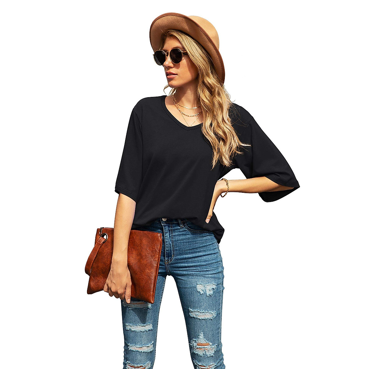 SUEANI Women's Summer V-Neck 3/4 Bell Sleeve Loose Shirt Casual Basic Top(Medium, Black)