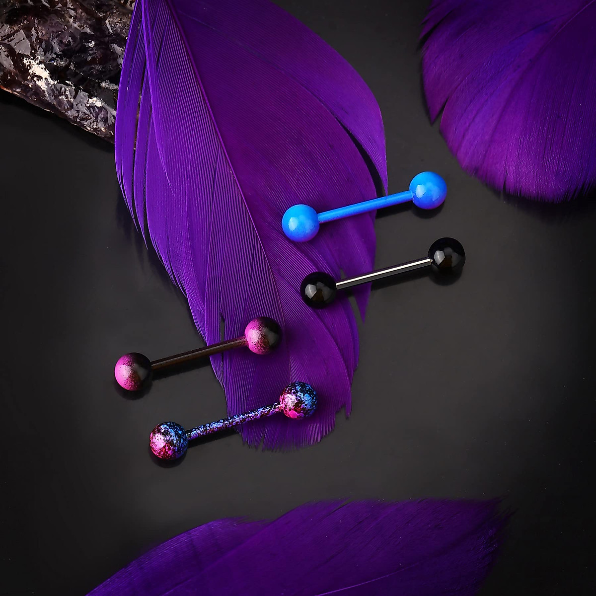 OUFER 4 PCS Stainless Steel 14G Barbell Tongue Rings Purple Black Splatter Tongue Barbell Tongue Piercing Jewelry