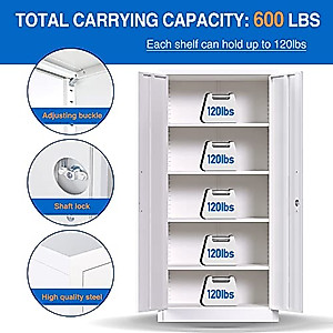 Reemoon Metal Storage Cabinet with Locking Doors and Adjustable Shelves, 71" Tall Steel Storage Cabinet for Home Office, White