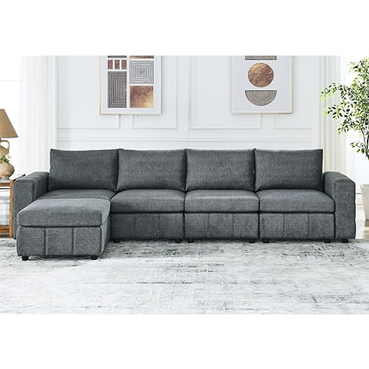 EZLUX Upholstered Modular Sofa Set, L-Shaped Sectional Couch with Ottoman for Living Room Apartment, Gray