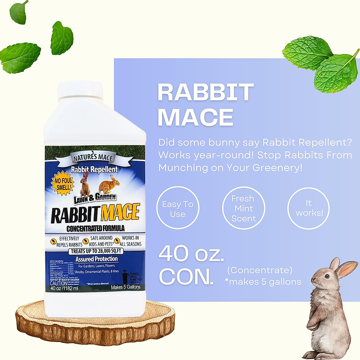 Nature’s MACE Rabbit Repellent 40oz Concentrate/Covers 28,000 Sq. Ft. / Rabbit Repellent and Deterrent/Keep Rabbits Out of Your Lawn and Garden/Safe to use Around Children & Plants