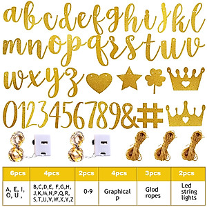 TaoBary 167 Pcs DIY Banner Kit Glitter Customizable Birthday Banner Glitter Make Your Own Banner Kit 162 Letters Symbols and Numbers 2 String Lights 3 Rope for Birthday Wedding(Gold)