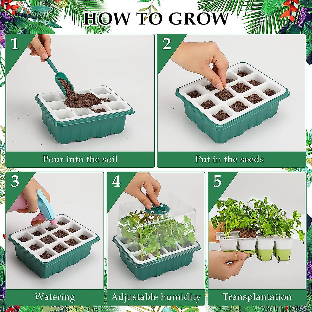 Seed Starter Tray, 48 Cells Indoor Seed Starter Kit, Flexible Silicone Designed Seedling Starter Trays, Germination Tray with Humidity Dome & Lids(4in Height), Reusable & Dishwasher Safe, BPA-FREE
