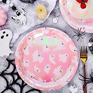 JarThenaAMCS 40Pcs Halloween Paper Plates Pink Ghost Foil Holographic Disposable Round Plates 9 Inch Cute Cartoon Iridescent Decorative Tableware for Birthday Baby Shower Party Decor Supplies