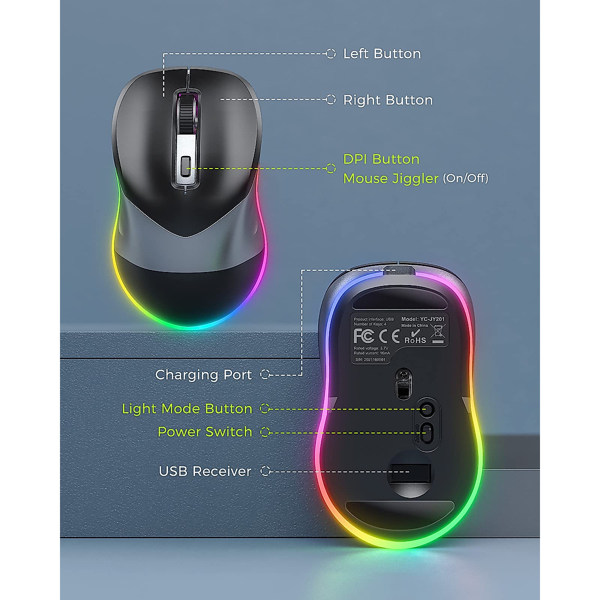 PEIOUS Wireless Mouse, Jiggler Mouse for Laptop - LED Mouse Rechargeable Computer Mice Mouse Mover Undetectable Random Movement with On/Off Button Keeps Computer Awake - Black&Grey