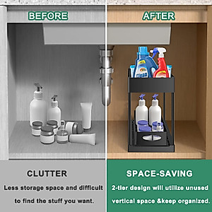2 Pack Under Sink Organizers and Storage, 2-Tier Bathroom Organizer with Pull-Out Drawer & Hooks, Under the Sink Kitchen Cabinet Organizers Shelf for Countertop Laundry Organization and Storage-Black