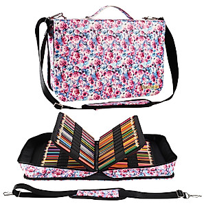 Shulaner Colored Pencil Case Slot Holds 270 to 290 Pencils or 180 to 190 Color Gel Pens with Zipper Large Capacity PU Leather Pen Organizer Bag with Shoulder Strap for artists (Pink Floret)