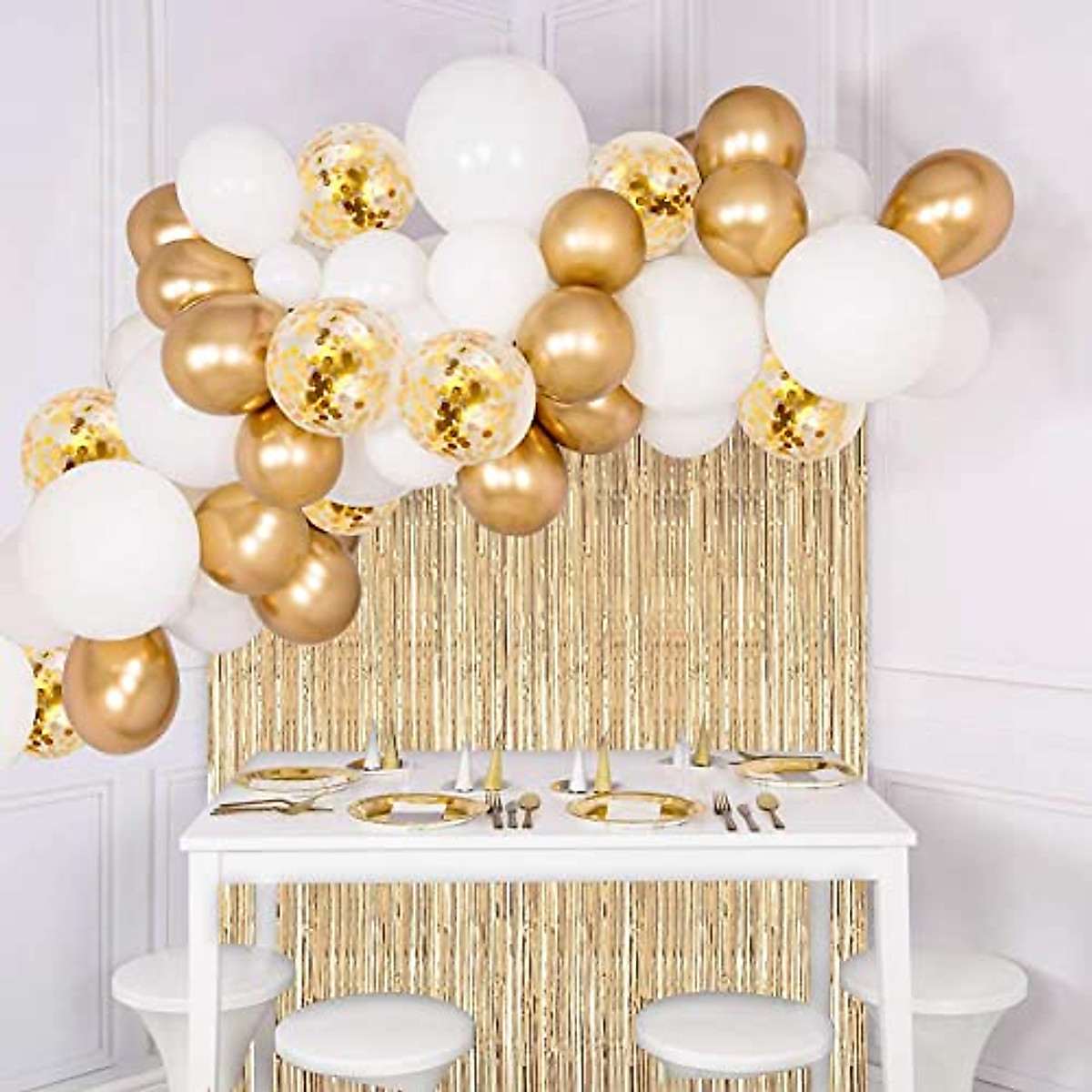 JOYYPOP White Gold Balloon Garland Kit with Gold Tinsel Curtain White Gold Balloons for White and Gold Wedding Birthday Party