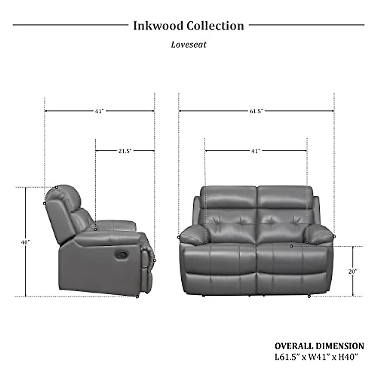 Lexicon Inkwood Wall-Hugger Manual Double Reclining Loveseat, Dark Gray