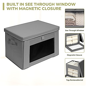 STORAGEIDEAS Thick Fabric Storage Bins with Lids, Collapsible Storage Box Closet Shelf with Clear Window, Decorative Baskets for Clothes, 3 Set, Grey, Large