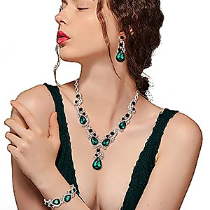 BriLove Wedding Bridal Jewelry for Women Multi Teardrop Cluster Crystal Statement Necklace Dangle Earrings Link Bracelet Set Emerald Color Silver-Tone