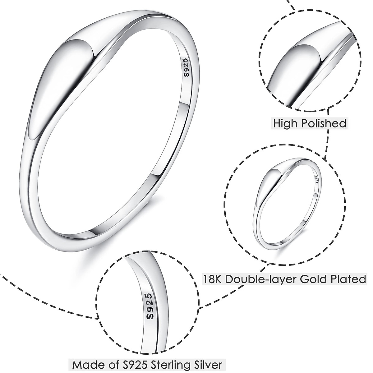 MILACOLATO 925 Sterling Silver Rings for Women 18K White Gold Plated Dome Plain Signet Rings Tarnish Resistant Stackable Statement Band Thumb Ring Comfort Fit Size 10, Smooth Style