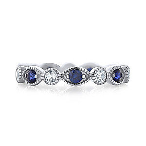 Gem Stone King 925 Sterling Silver White and Blue Created Sapphire Ring | 0.70 Cttw | Wedding Stackable Eternity Band Ring For Women | Available In Size 5, 6, 7, 8, 9