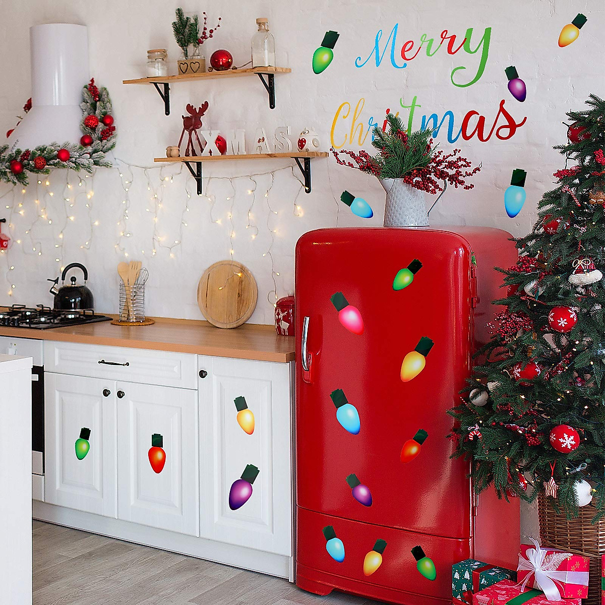 91 Pieces Christmas Wall Stickers Christmas PVC Merry Christmas Lights Bulb Wall Decals for Christmas Decoration