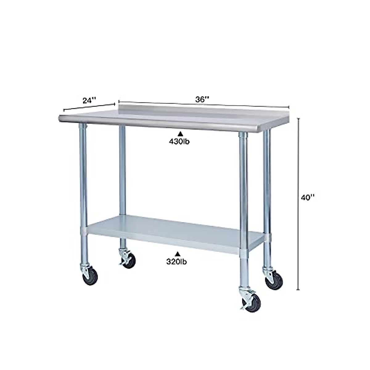 EASE-WAY Stainless Steel Metal Table NSF for Commercial Kitchen Prep Table, 24 x 36 Inches Worktable with Backsplash, Adjustable Under Shelf and Caster Wheel for Industrial Restaurant, Home and Garage