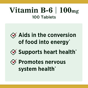 Nature's Bounty Vitamin B6, Supports Energy Metabolism and Nervous System Health, 100mg, Tablets, 100 Ct (Pack of 2)