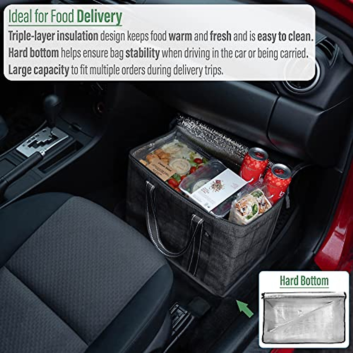 VENO 2 Pack Large Insulated Reusable Grocery Bag w/ Cardboard Bottom, Food Delivery, Heavy Duty, Collapsible (BLK Windowpane)