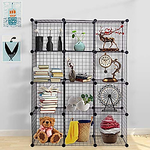 NAFORT 12-Cube Metal Grid Storage Rack, Stackable Free Standing Storage Organizer, DIY Cabinet Bookshelf, Easy to Assemble, 56” L x 14” W x 56” H(Black)