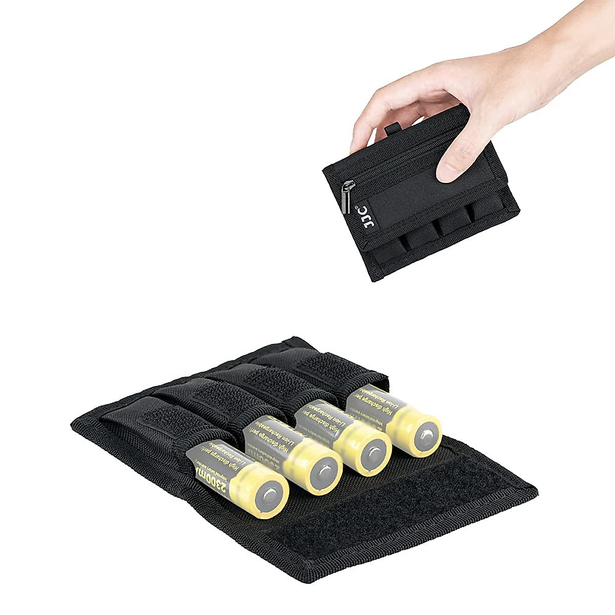 JJC Polyester 18650 Battery Pouch Case for 4PCS 18650 Battery with Extra Zipped Pocket, Hoop&Loop Closure Design 18650 Battery Storage Organizer, Water-Resistant and Easy Carrying with Carabiner