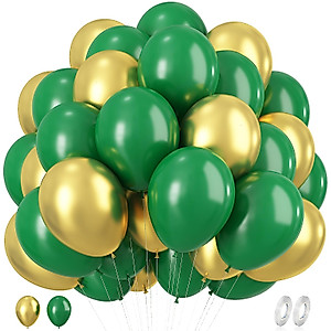 Green and Gold Balloons, 60Pcs 12 Inch Metallic Gold Emerald Forest Hunter Dark Green Balloons, Latex Helium Party Balloons for Wedding Birthday Graduation Anniversary Jungle Safari Party Decorations