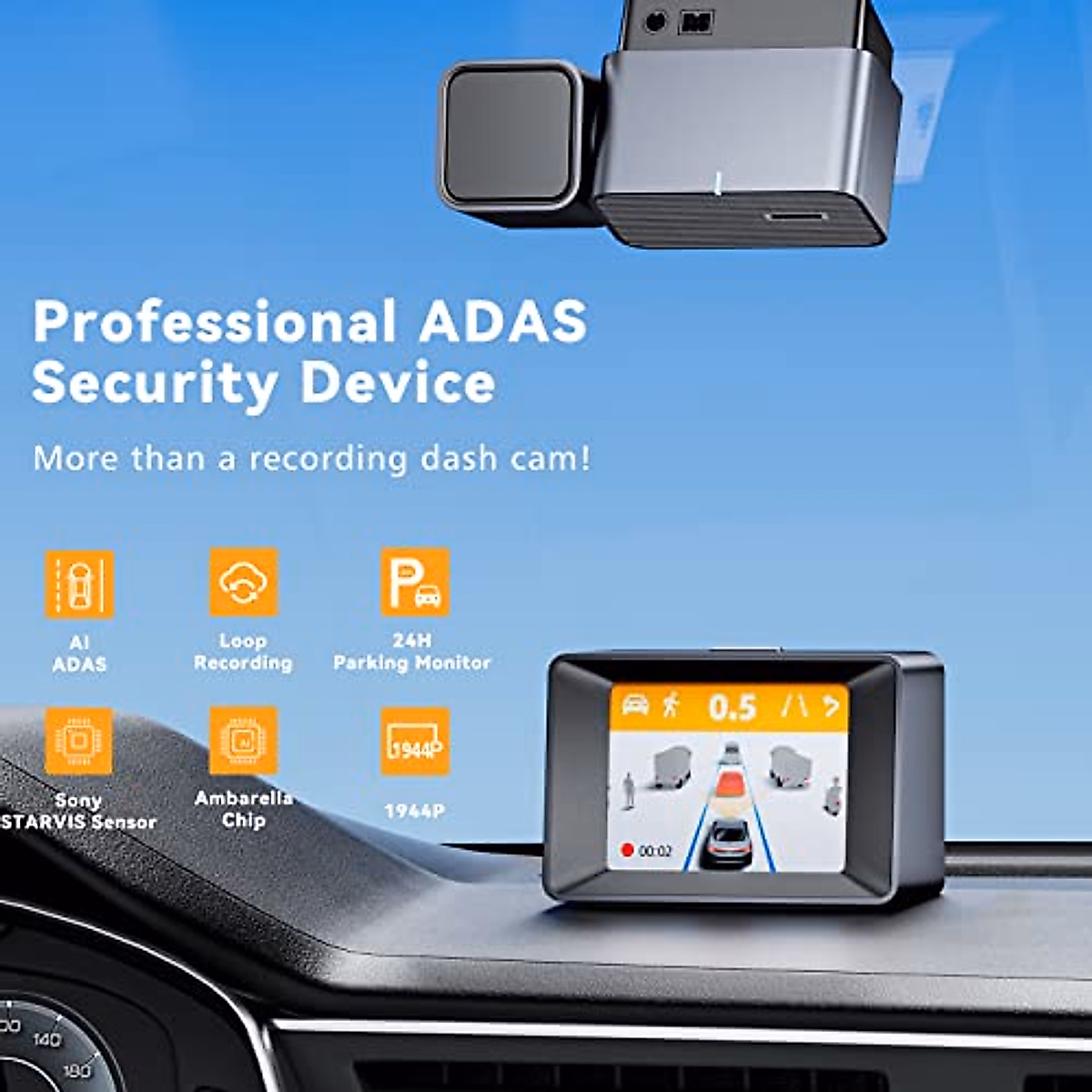 MINIEYE AI Collision Avoidance Device - 1944P Smart Dash Cam with ADAS, 140° Wide Angle Front Dash Camera with Sony Starvis Sensor, Collision, Lane Departure Warning, Night Vision, APP OTA Update