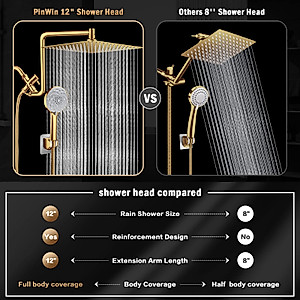 PinWin 12'' Dual Shower Head with Adjustable Extension Arm and 6-Setting Handheld Shower Head Combo, Brushed Gold