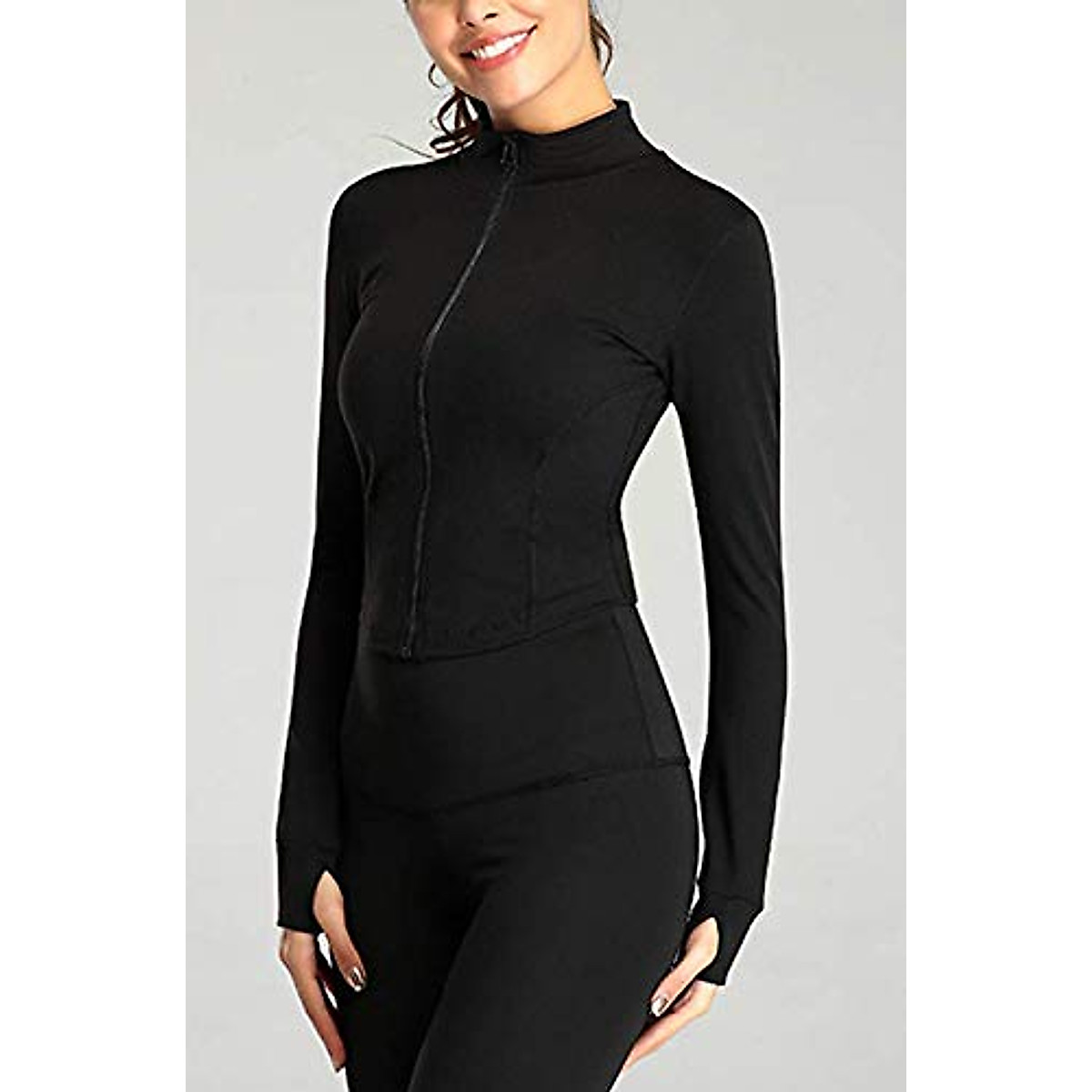 Lviefent Womens Lightweight Full Zip Running Track Jacket Workout Slim Fit Yoga Sportwear with Thumb Holes (Black, Medium)