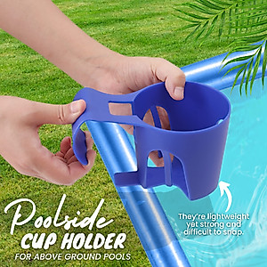 TonGass (6-Pack) Poolside Cup Holders (Blue) - Compatible with Above Ground Pools with 2 Inches or Thinner Round Top Bars - Strong and Durable Easy to Use Clip-On No-Spill Cup Holders