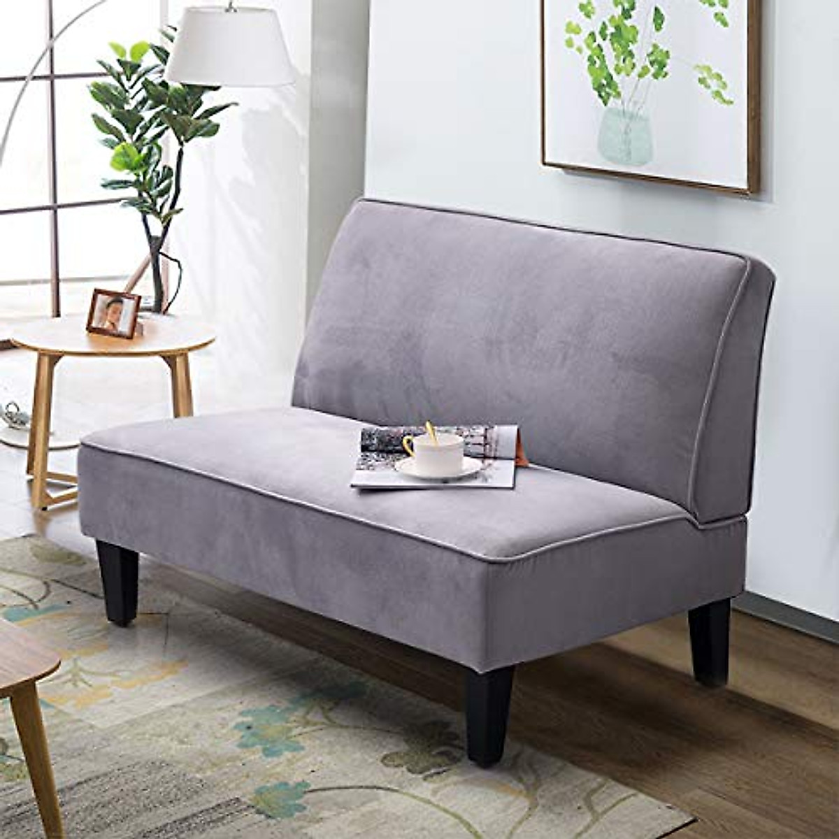 Alunaune Upholstered Loveseat Bench Settee for Living Room, Modern Armless Small Sofa Bedroom Couch Cushioned Linen Love Seat Bench (Light Grey)