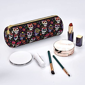Aieefun Sugar Skull And Flowers Cylinder Pencil Case Holder Zipper Pen Bag Pouch Cosmetic Makeup Bag