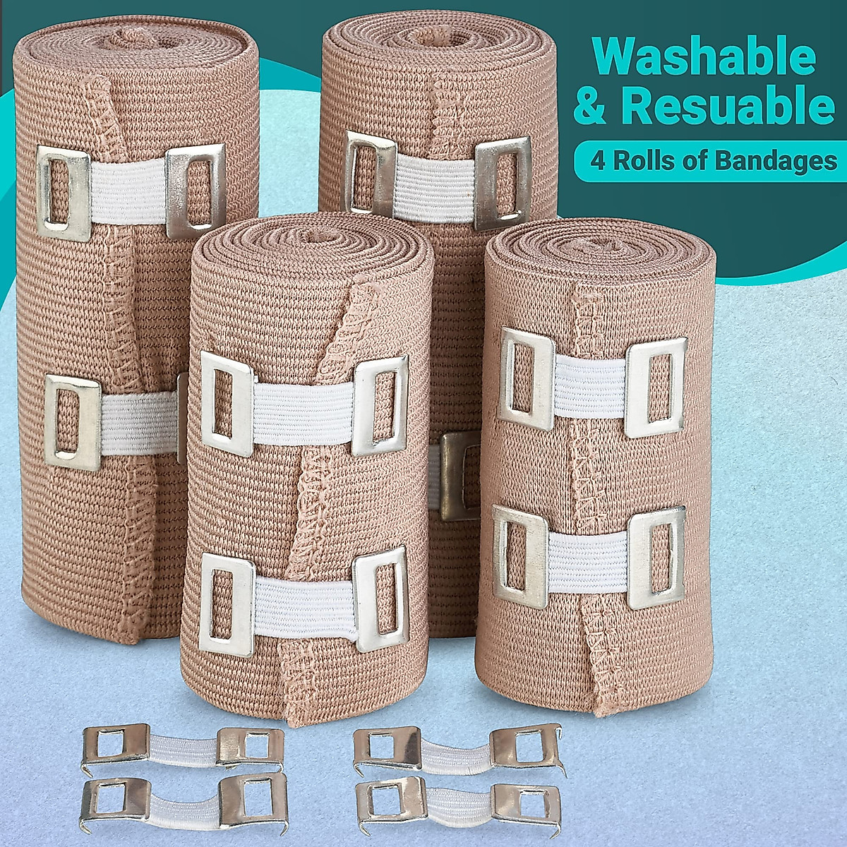 Elastic Compression Bandage Wrap - Premium Quality (Set of 4) w/ Hooks, Athletic Sport Support Tape Rolls for Ankle, Wrist, Arm, Leg Sprains First Aid Bandages Measure (2)- 4" x 5 Ft (2)- 3" x 5 Ft