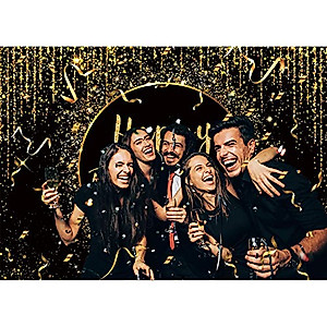 Maijoeyy 7x5ft Black Gold Happy Birthday Backdrop Golden Sparkle Shining Dots Photography Background Glitter Bokeh Sequin Spots Backdrop for Women Men Birthday Party Decoration Banner
