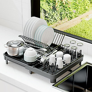 YEPATER Extendable Dish Rack, Large Dish Drying Rack with Drainboard,Cup Holder,Cutlery Drawer Organizer,Collapsible Dish Drainer for Kitchen Counter