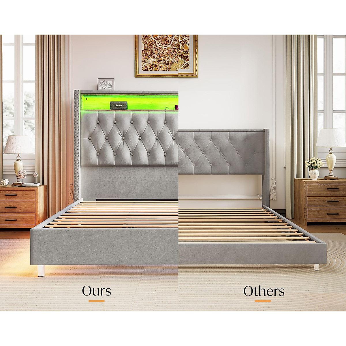 Jocisland Queen Size Bed Frame 53.6'' Tall Headboard LED Lights Charging Station, Velvet Hign Upholstered Platform Bed Wingback Storage, No Box Spring Needed, Motion Activated Light, Light Gray
