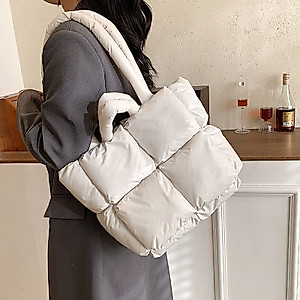 Women Large Quilted Puffer Tote Bag Soft Padded Down Winter Handbag Space Totes Puffer Shoulder Bag Nylon Pillow Shopper Bag White