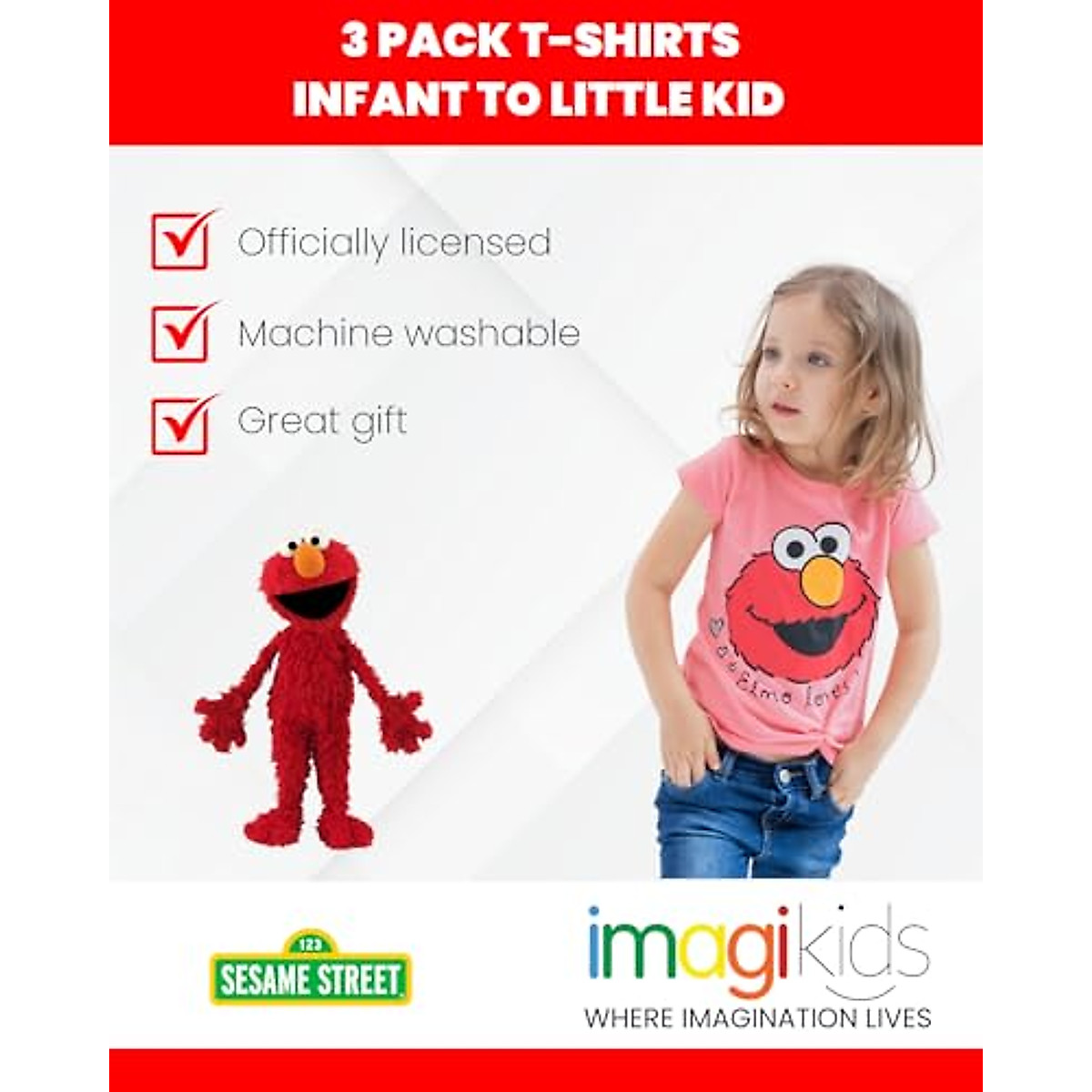 Sesame Street Elmo Cookie Monster Big Bird Baby Girls 3 Pack T-Shirt 18 Months Pink/Blue
