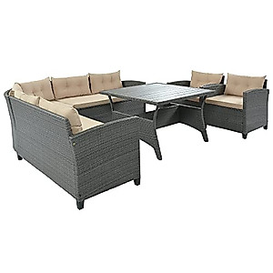 Outdoor Patio Furniture Conversation Sets Dinning Set, with Plywood Table, 6 Pieces All-Weather PE Wicker Curved Cushioned Sectional Sofa Set with Pillows (6-Piece + Beige + Plywood Table)