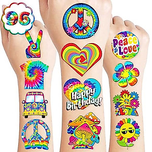 8 Sheets (96PCS) 60s Temporary Tattoos Theme Tie Dye Hippie Birthday Party Decorations Favors Supplies Stickers For Adults Kids Gifts Classroom School Prizes Rewards