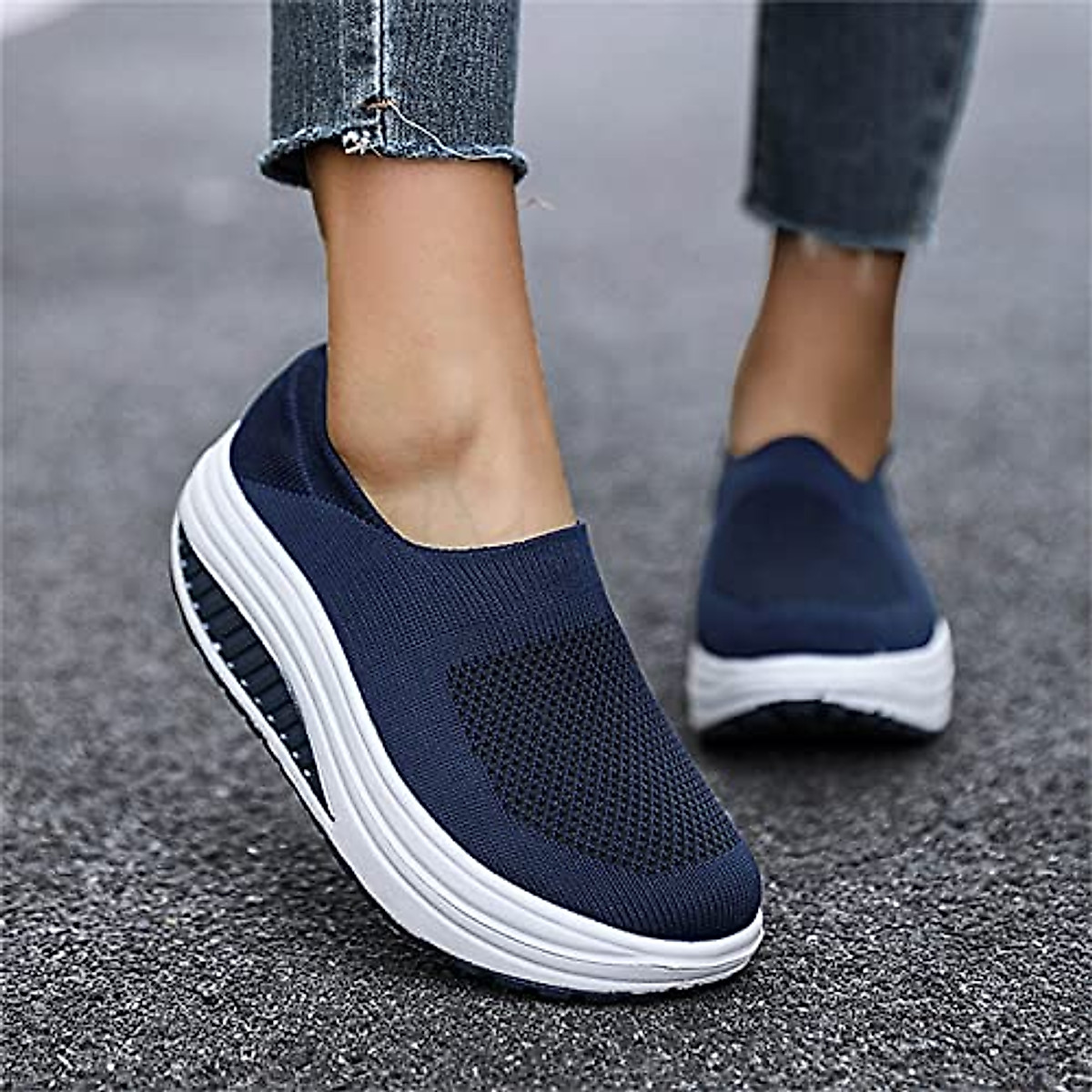 Sneakers for Women Womens Shoes Dressy Casual Wedge Orthopedic Mesh Air Chunky Sole Hidden High Heels with Arch Support Dark Blue