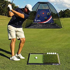 JAYA Golf Hitting Mat with Ball Tray, Heavy Rubber Base, Fairway & Rough Turf Golf Training Mat, Golf Tees and Rubber Tee Holder Included, Portable Golf Practice Mat for Indoor and Outdoor