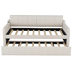 Bellemave Extending Upholstered Daybed with Trundle and USB Charging Stations, Day Bed with Pop Up Trundle Bed, Expandable Daybed Twin Size Trundle Solid Wood, Pull Out Trundle Bed Frame, Beige