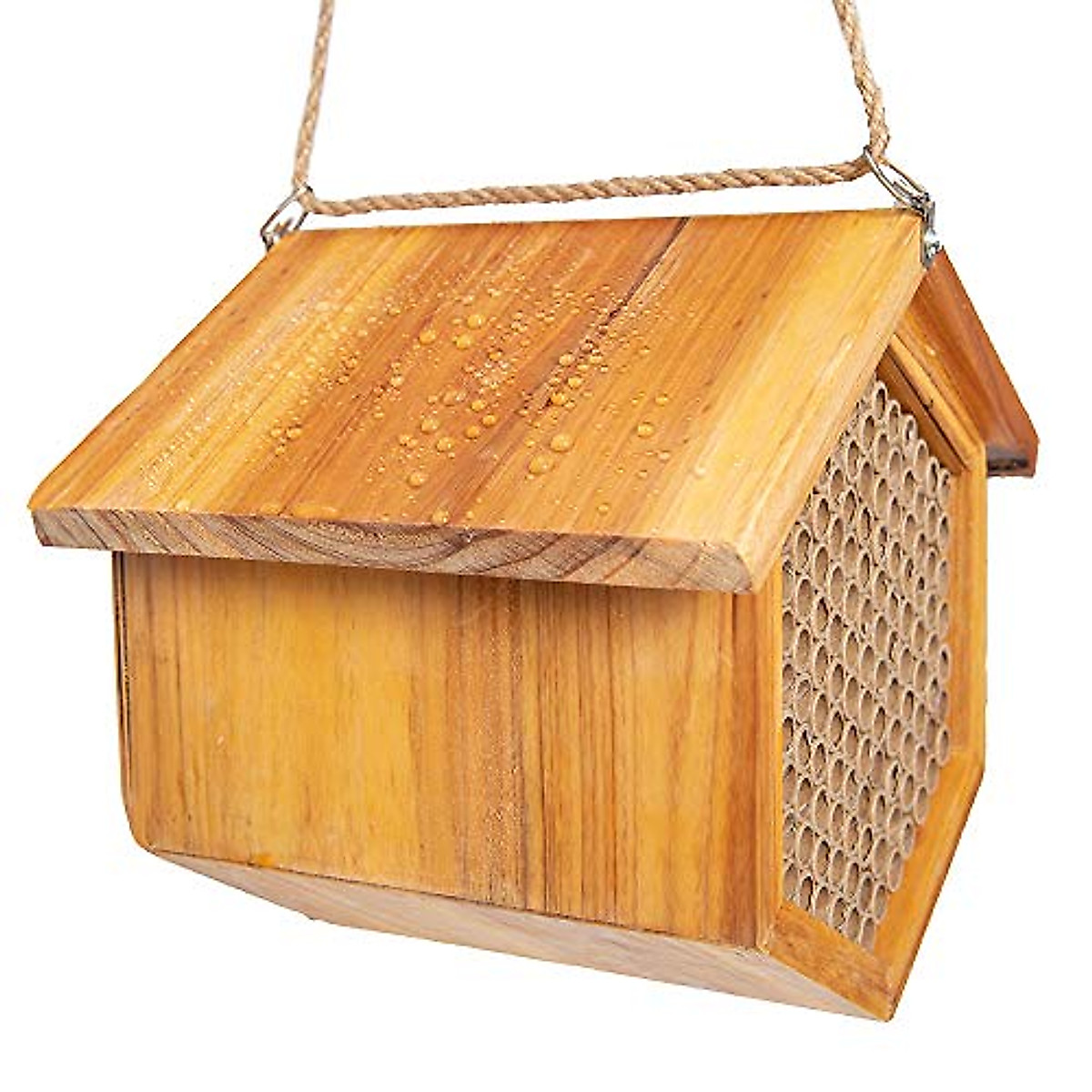 Mason Bee House - Handmade Natural Wooden Bee Hive Coated with Wax for Water-Proof and Long Service Life - Attracts Peaceful Bee Pollinators to Enhance Your Garden's Productivity