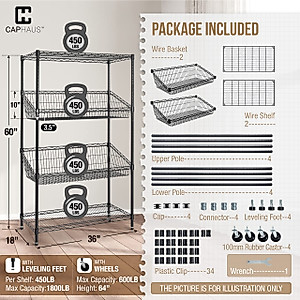 Fencer Wire NSF Commercial Heavy Duty 4 Tier Wire Shelving w/Two Trapezoid Basket, Wheel, Leveling Feet, Storage Metal Shelf, Utility Wire Rack Storage Shelving, Basement Garage Shelving, Black