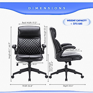 COLAMY Office Desk Chair-Executive Computer Chair, Ergonomic Leather Office Chair with Padded Flip-up Armrests, Adjustable Height Swivel Rolling Work Study Chair for Home Office Conference Room-Black