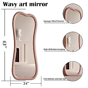 BOJOY Full Length Mirror, 63" x 24" Wall Mirror, Flannel Wrapped Wooden Frame Full Body Mirror, Irregular Wavy Mirror Hanging or Leaning Against Wall for Cloakroom/Bedroom/Living Room, Pink