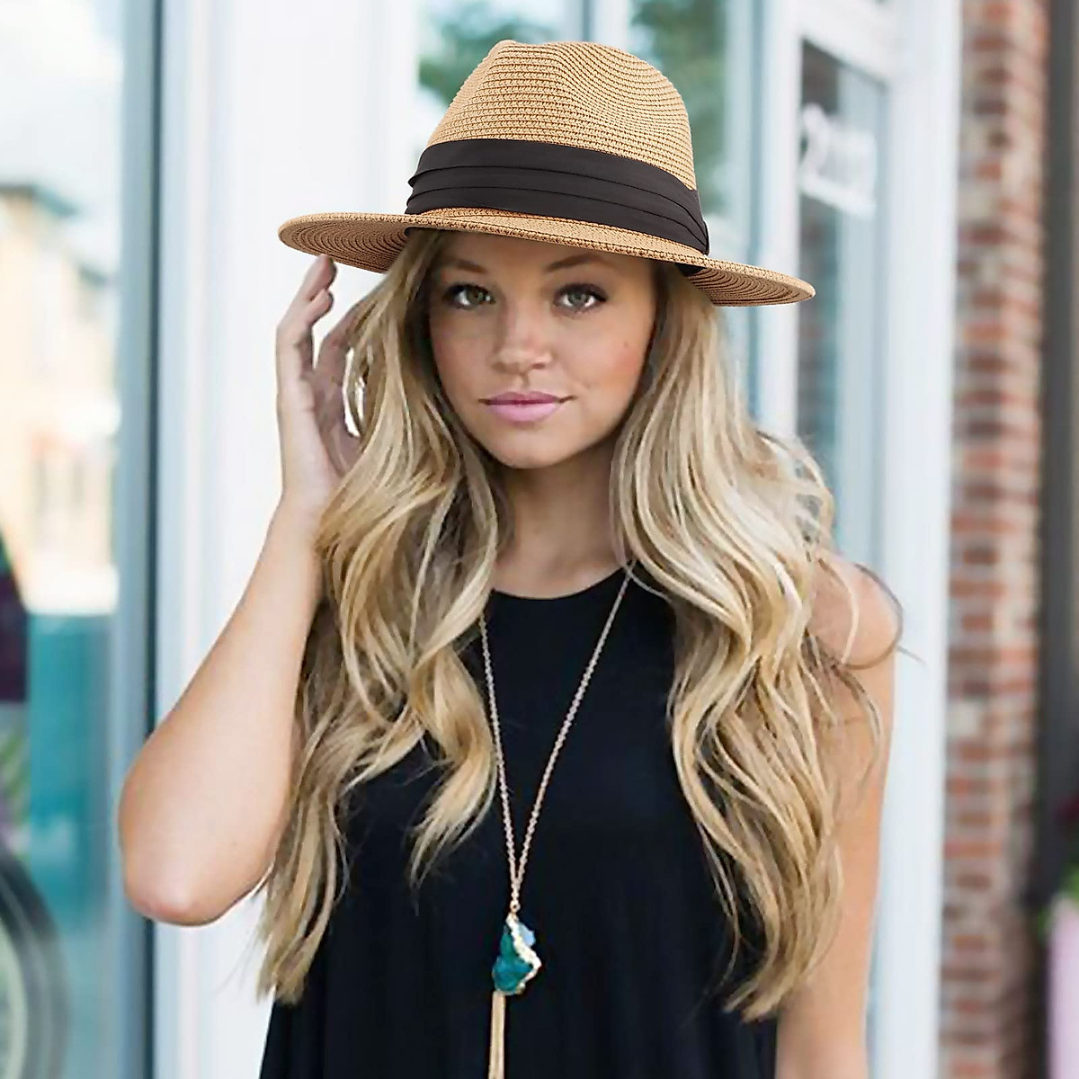 DRESHOW Women Straw Panama Hat Travel Fedora Beach Sun Hat Summer Wide Brim Straw Roll up Hat UPF 50+