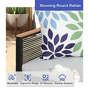 Patiorama 4 Piece Patio Furniture Set, Outdoor Wicker Bistro Set, All-Weather Black PE Rattan Conversation Set w/Coffee Table, Loveseat, Wood-like Armrest, Cushions for Garden Balcony Deck, Light Grey