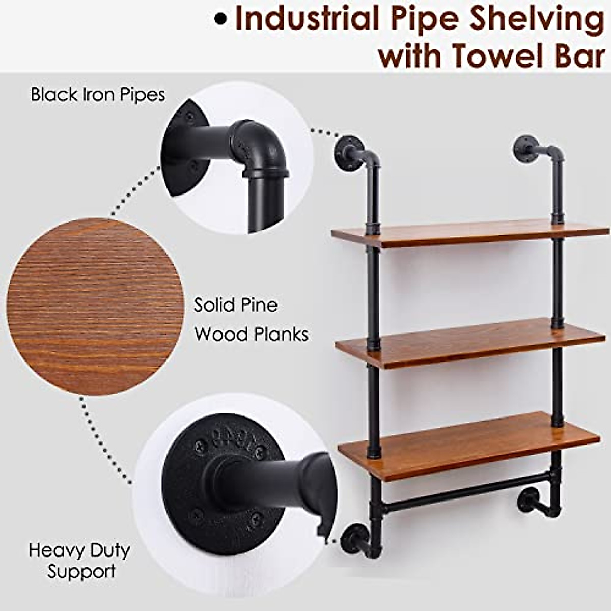 Marsmiles Industrial Pipe Shelves Wall Mounted, 24 Inch Wall Shelves Rustic Farmhouse Bathroom Shelves with Towel Bar and Hooks, 3 Tier Bookshelf Floating Wall Shelves for Kitchen Bar Living Room
